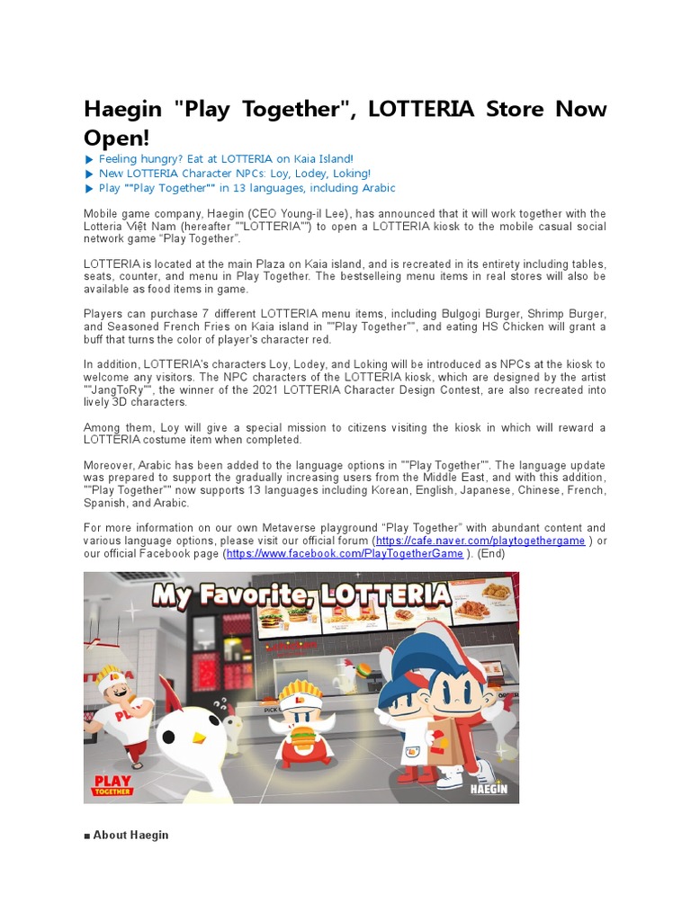 (HAEGIN - Press) Haegin Play Together, LOTTERIA Store Now Open | PDF