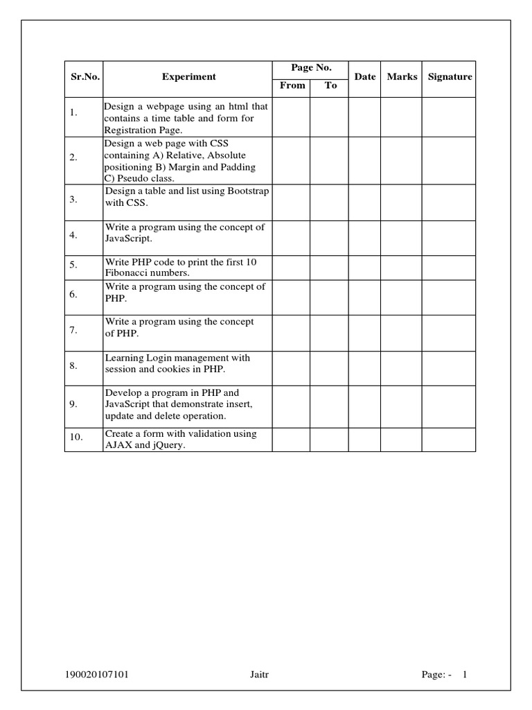 SR - No. Experiment Page No. Date Marks Signature From To | PDF | Html | Html Element