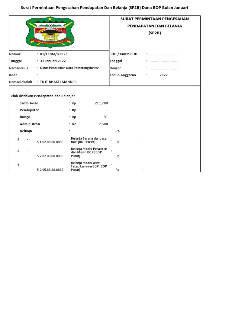 Format SP2B Bulan 1 Sampai 12 TK IT BHAKTI MANDIRI | PDF