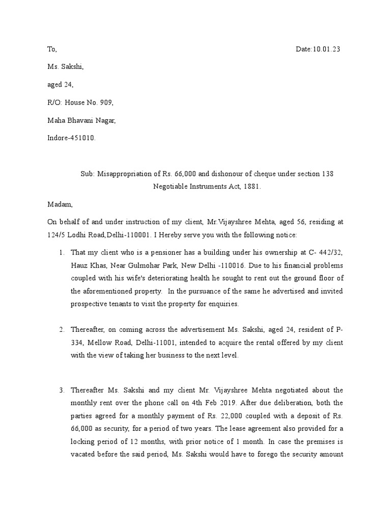 Legal Notice Draft - TE-10 | PDF | Cheque | Private Law