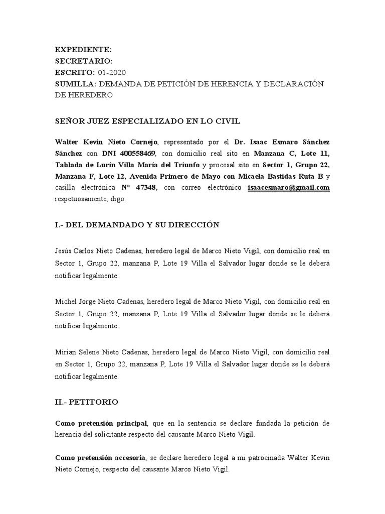 Demanda de Petición de Herencia | PDF
