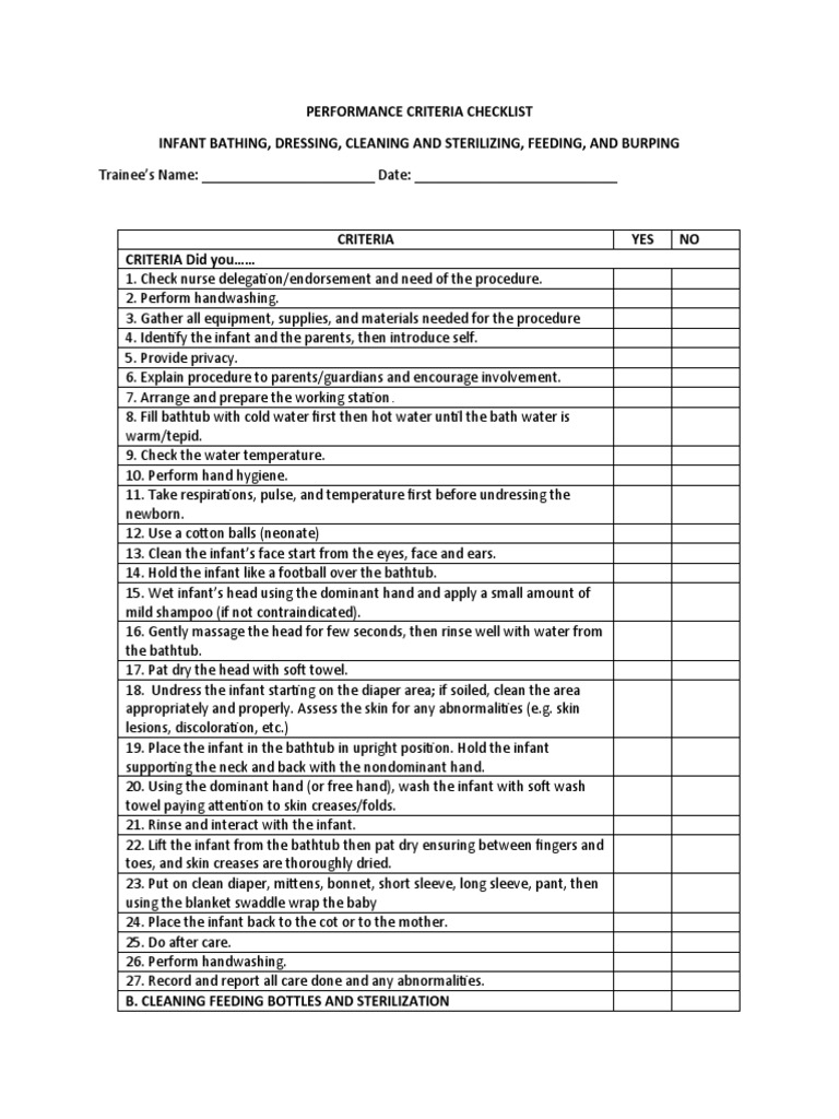 PERFORMANCE CRITERIA CHECKLIST Infant Bathing Dressing Sterilization ...