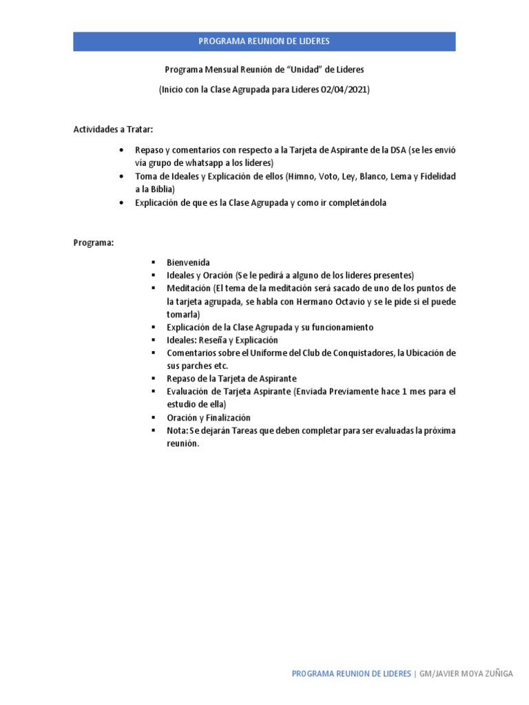 Programa Mensual Reunión de Lideres | PDF