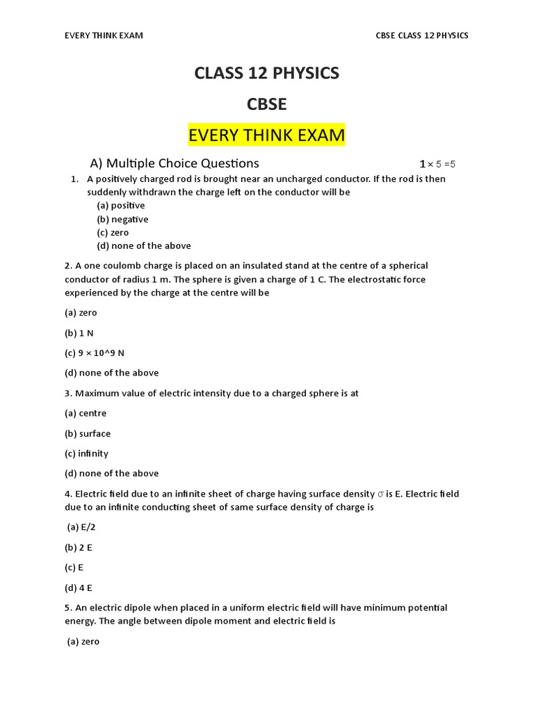 Cbse Class 12 Physics Electrostatics Question | Download Free PDF ...