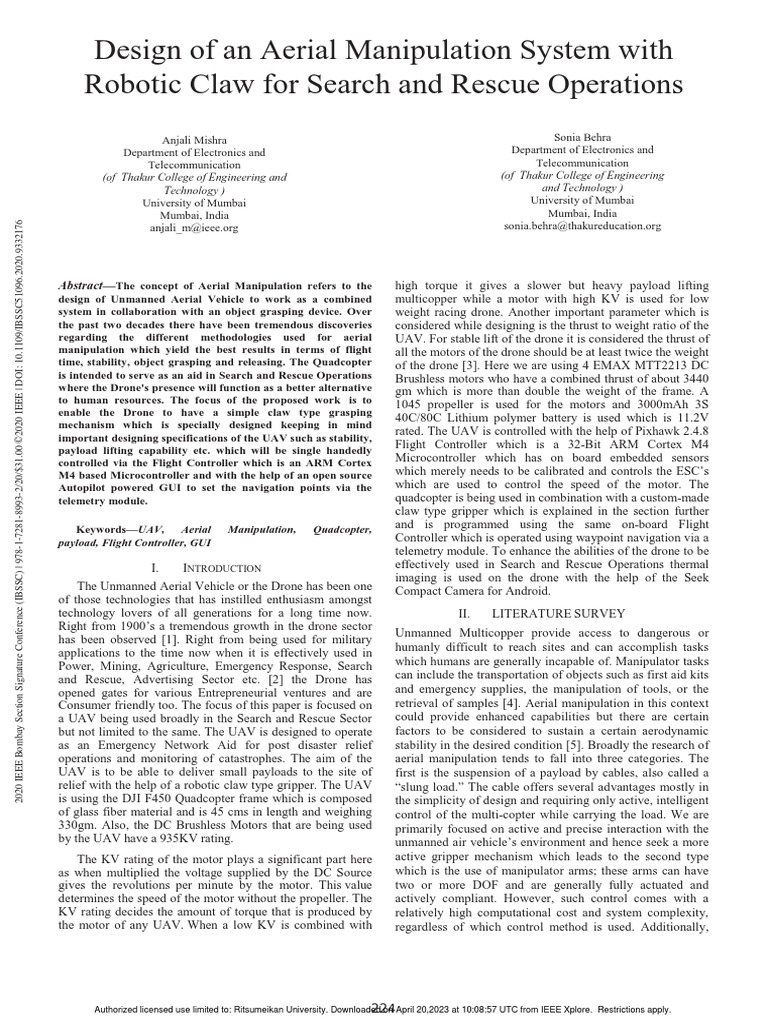 Design of An Aerial Manipulation System With Robotic Claw For Search ...