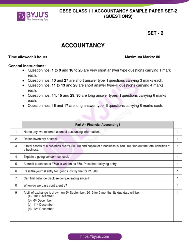 CBSE CLASS 11 ACCOUNTANCY SAMPLE PAPER SET-2 | PDF | Debits And Credits ...