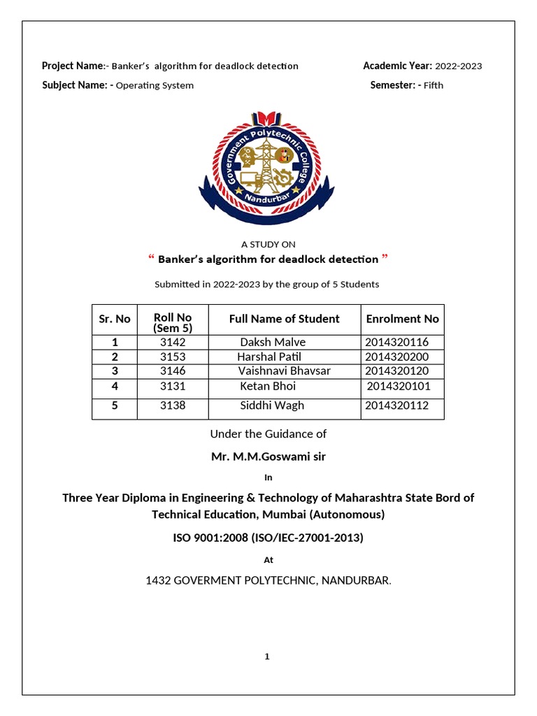 Banker's Algorithm For Deadlock Detection: Sr. No Roll No (Sem 5) Full Name of Student Enrolment ...