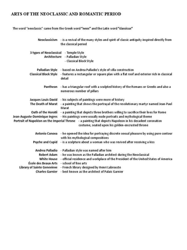 Neoclassic and Romantic Arts Overview | PDF