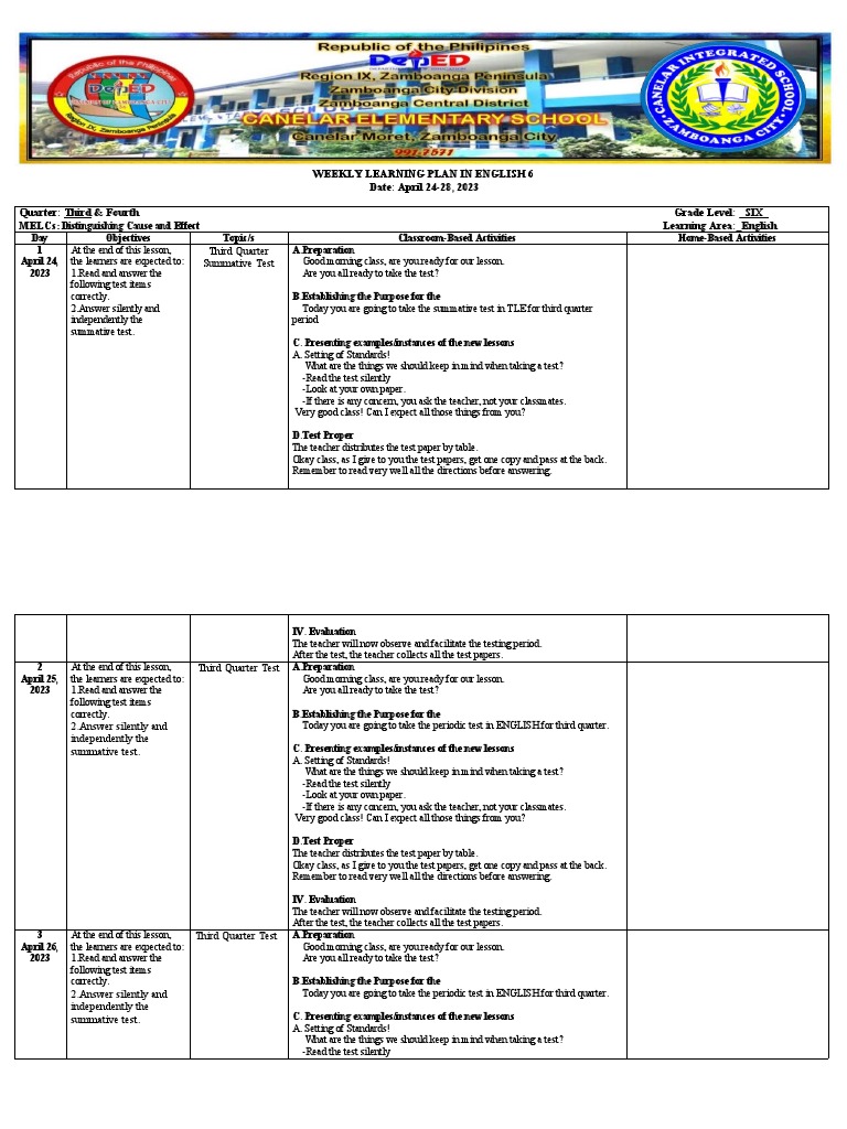 4th Quarter Weekly Learning Plan in English 6 | PDF | Causality | Teachers