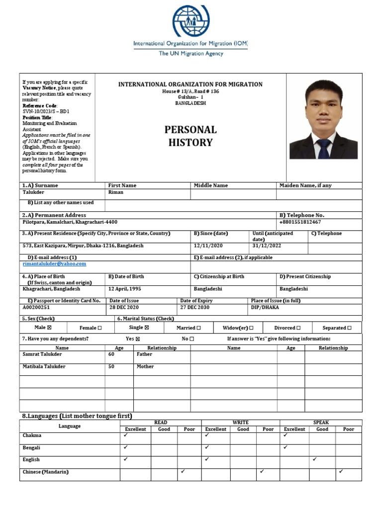IOM - Personal History Form (PHF) - Riman Talukder - M&E Assistant | PDF