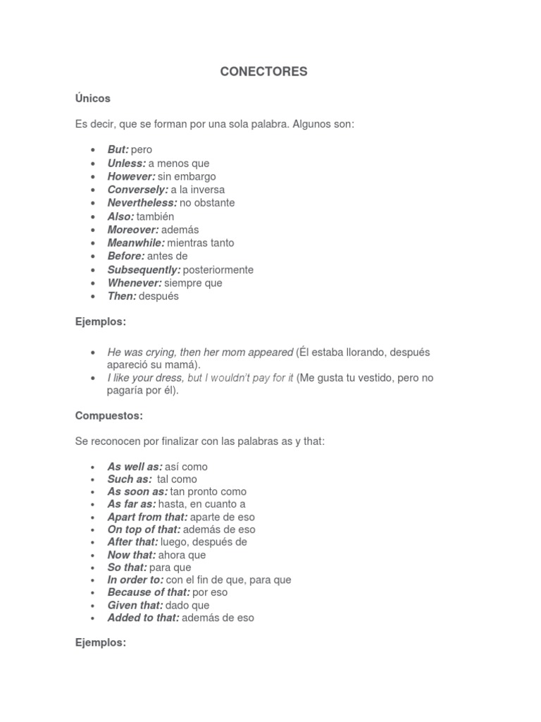 Conectores en inglés: Tipos y ejemplos | PDF