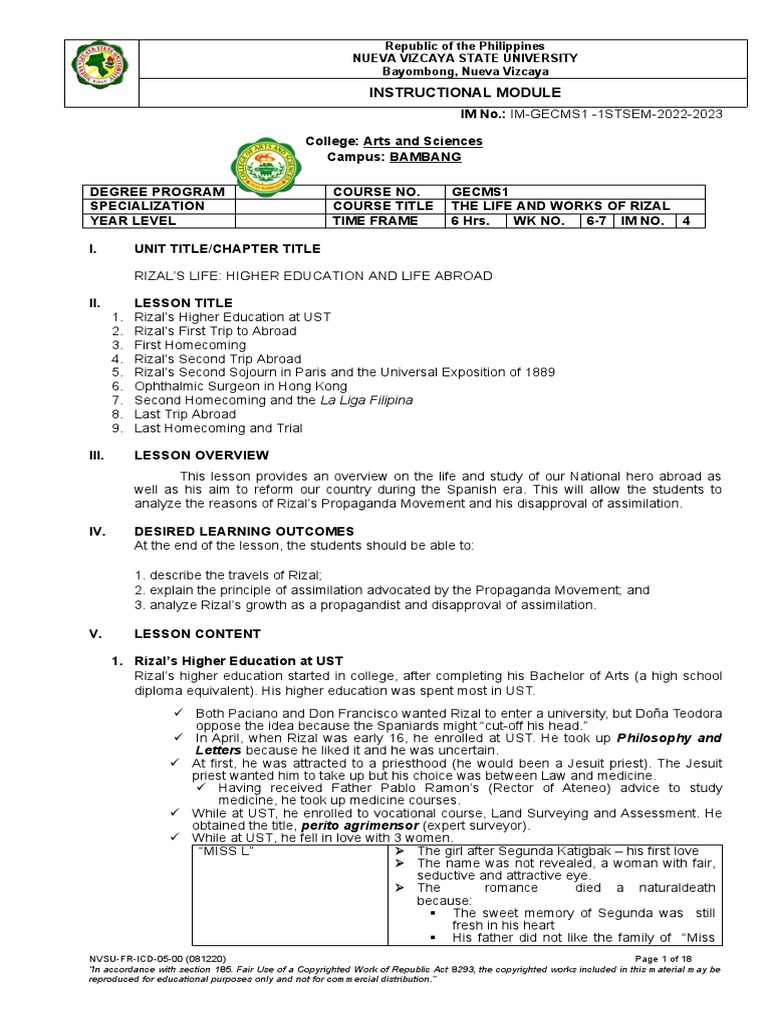 The Life and Works of Rizal MODULE Week 6 7 | PDF