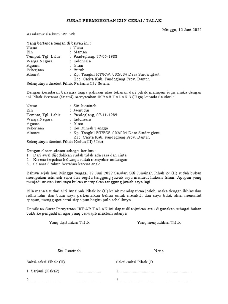 Surat Permohonan Izin Cerai | PDF