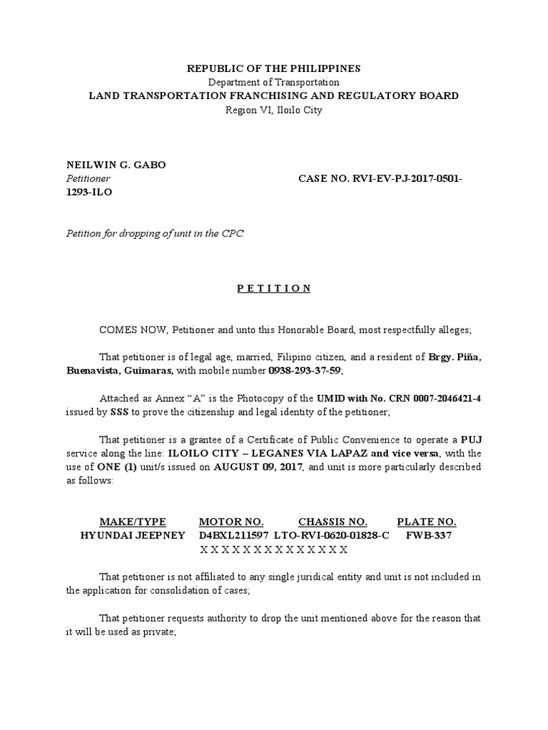 Petition For Dropping LTFRB | PDF
