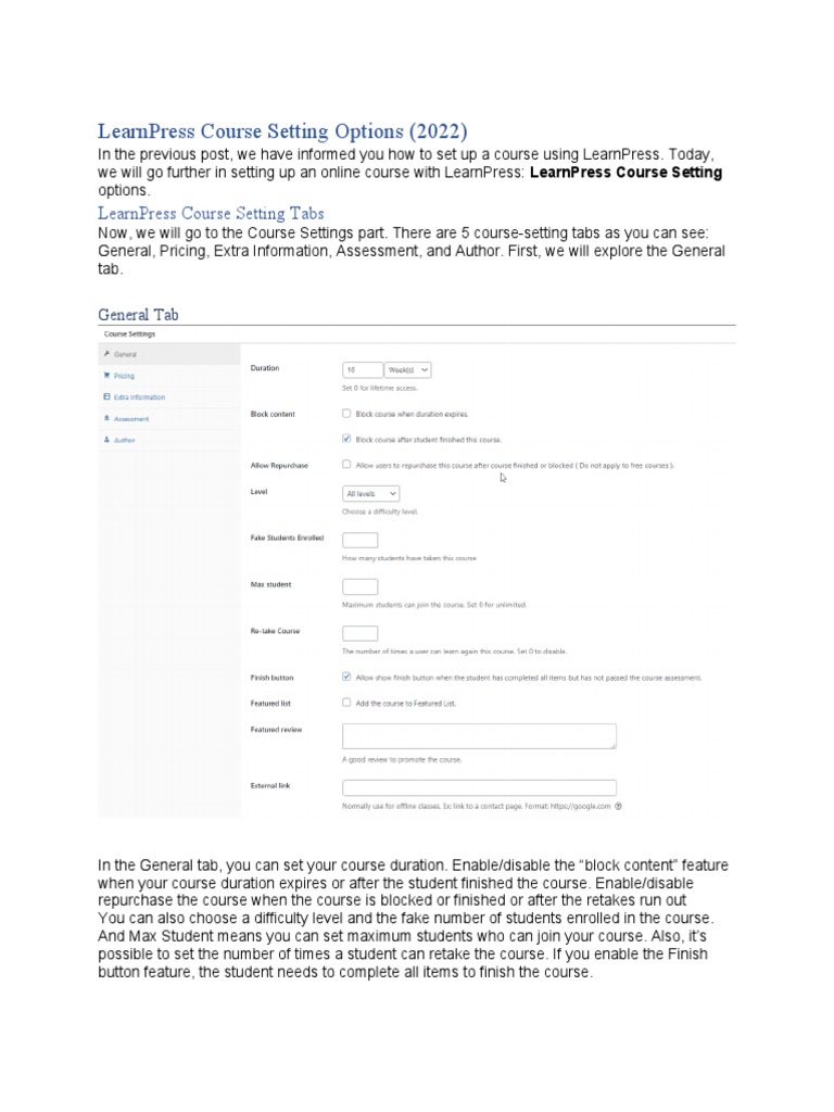 LearnPress Course Setting Options - Edited | PDF | Software | Computing