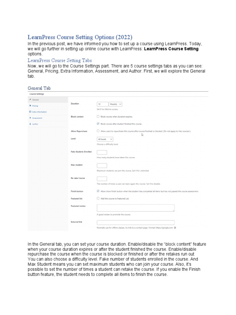 LearnPress Course Setting Options | PDF | Software | Computing