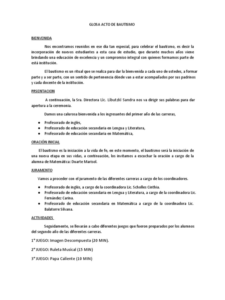 Glosa del Acto de Bautismo Escolar | PDF | Estudios de idiomas extranjeros