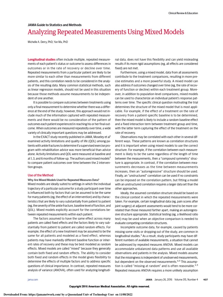 Analyzing Repeated Measurements Using Mixed Models: JAMA Guide To ...