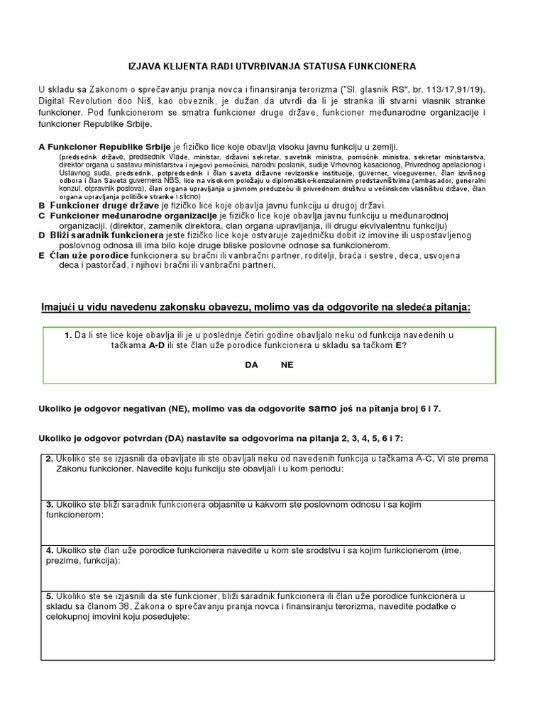 IZJAVA O STATUSU FUNKCIONERA-Digital Revolution Doo | PDF