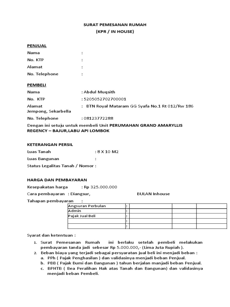 Surat Pemesanan Rumah KPR | PDF