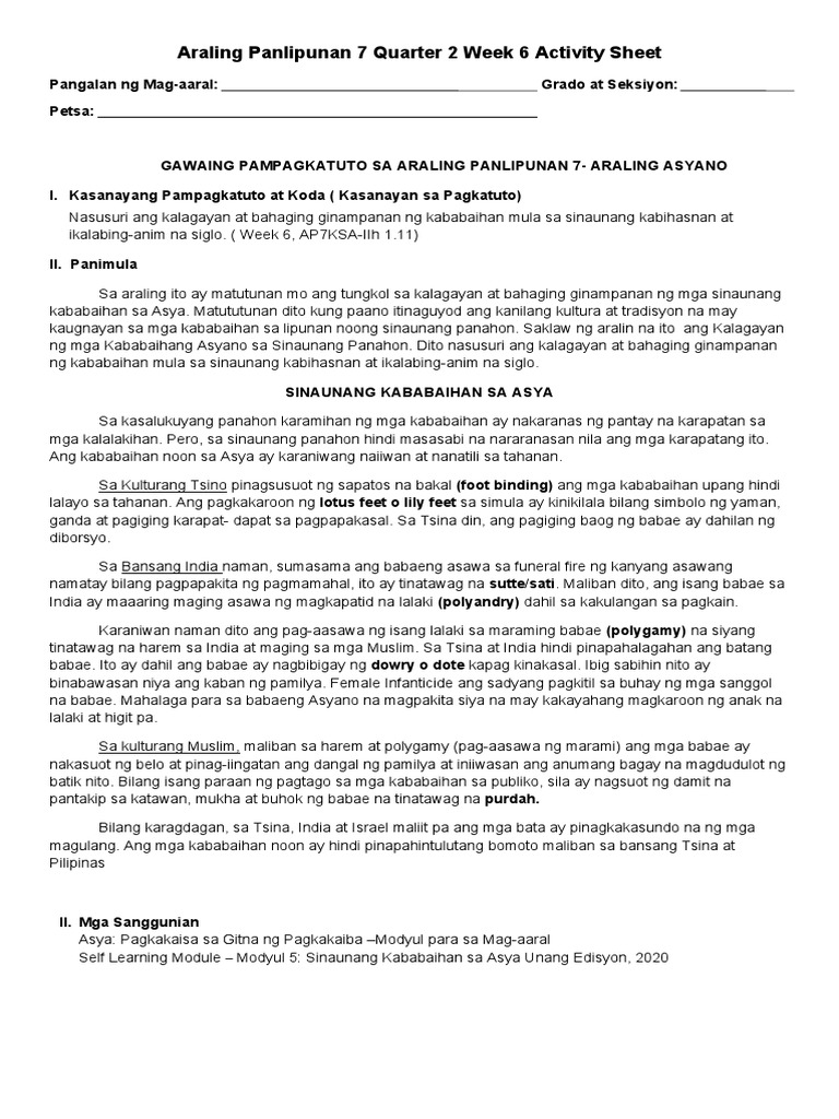 Araling Panlipunan 7 Quarter 2 Week 6 Activity Sheet | PDF