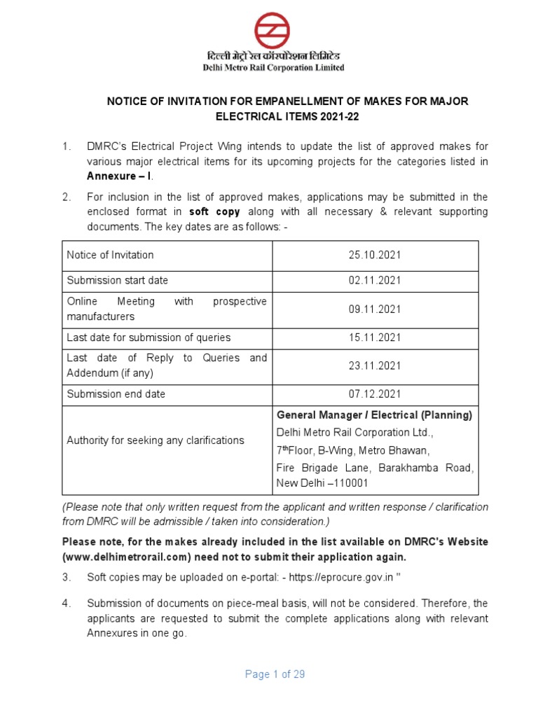 Notice of Invitation For Empanellment of Makes For Major Electrical ...