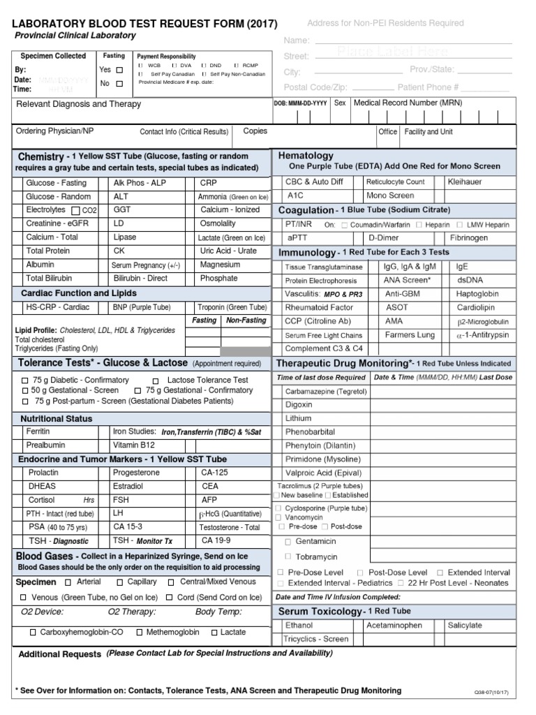 Laboratory Blood Request Form | PDF | Dose (Biochemistry) | Chemistry