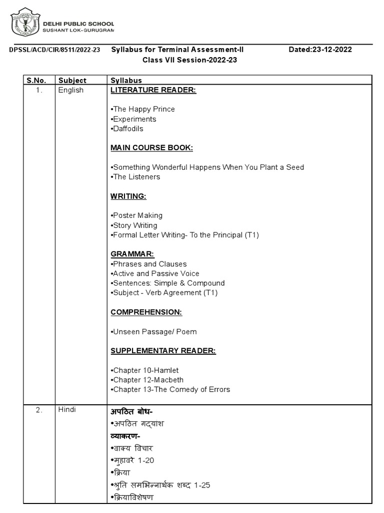 Syllabus Final Term Class VII | PDF | Subject (Grammar) | Language ...