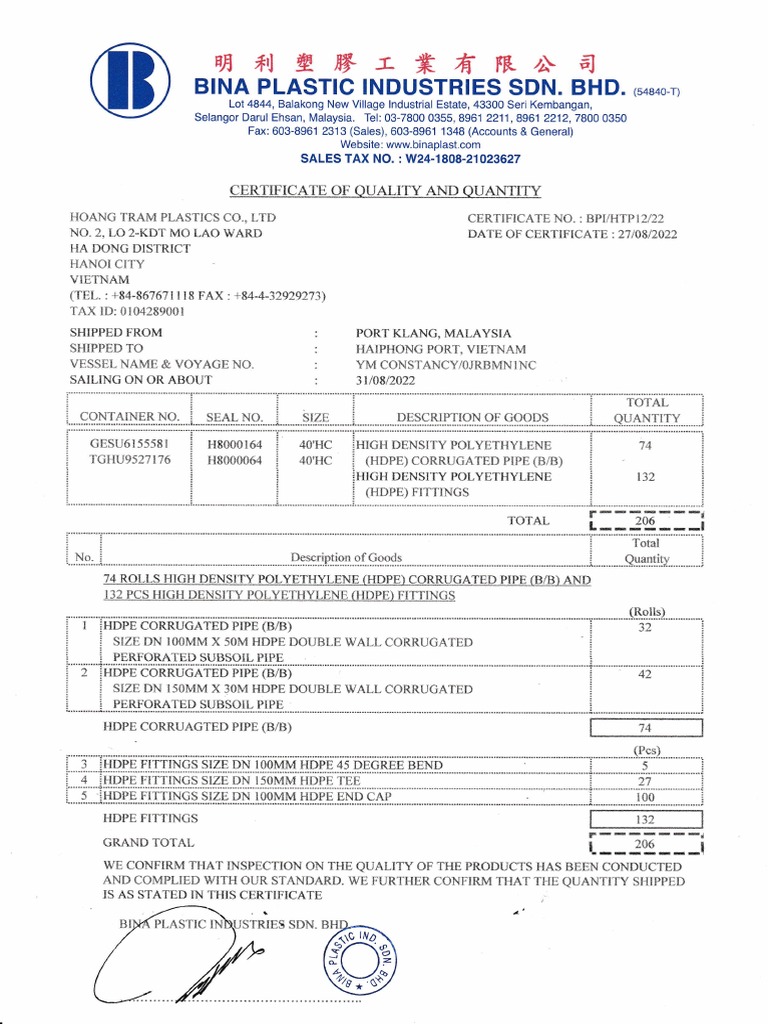 BPI-HTP12-22-Certificate of Quality & Quantity | PDF