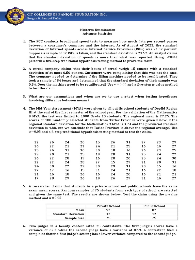 Prelim Test | PDF | Variance | Hypothesis