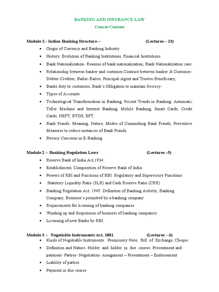 Banking & Insurance Law Syllabus | PDF | Banks | Reserve Bank Of India