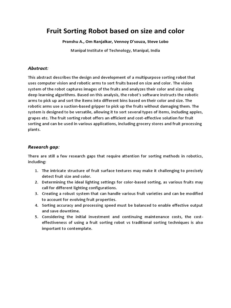 Fruit Sorting Robot Based On Size and Color: Abstract | PDF ...
