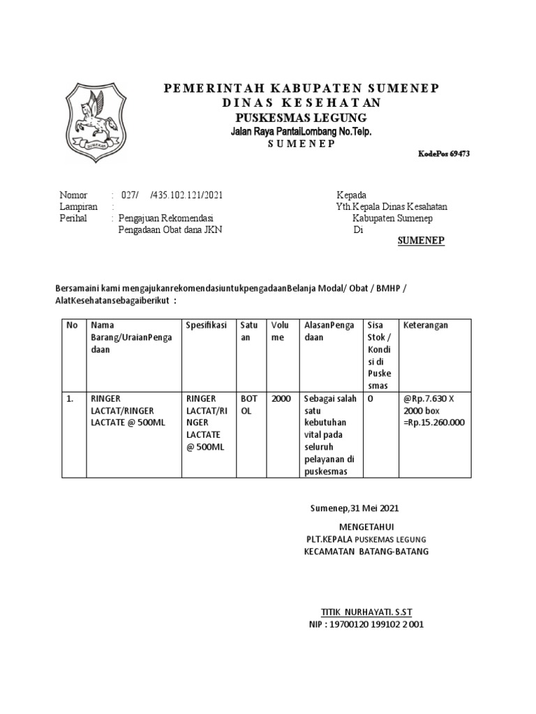 Contoh Format Surat Pengajuan Rekomendasi BHP Pengadaan BLUD PKM - RL | PDF