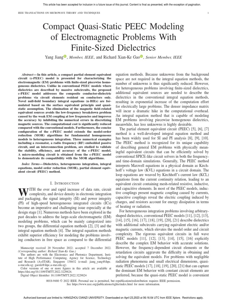 Compact Quasi-Static PEEC Modeling of Electromagnetic Problems With Finite-Sized Dielectrics | PDF