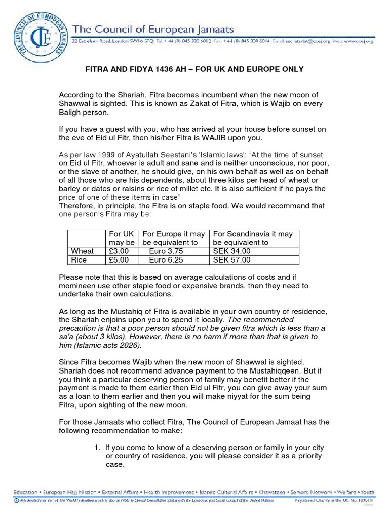 Fidya and Fitra Rates 1436 AH | PDF