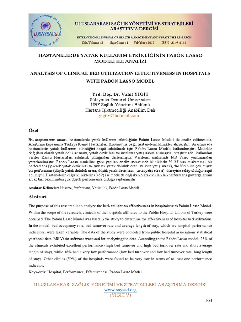 HASTANELERDE YATAK KULLANIM ETKİNLİĞİNİN PABÓN LASSO MODELİ İLE ANALİZİ ...