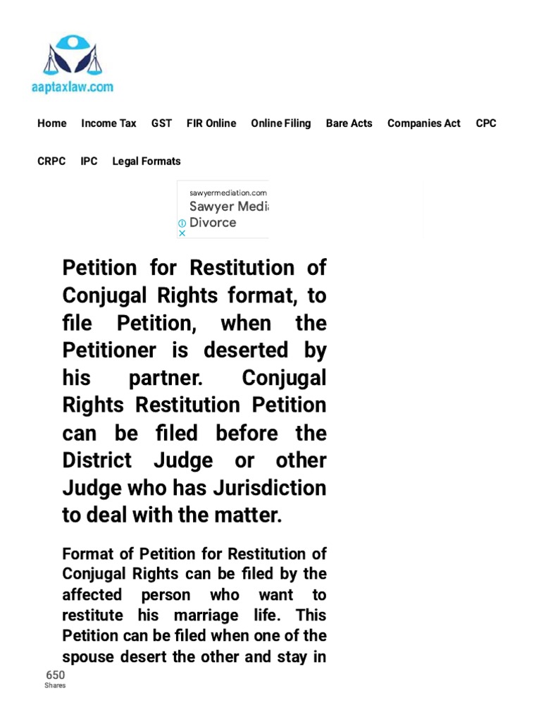 Petition Format for Conjugal Rights | PDF | Marriage | Divorce