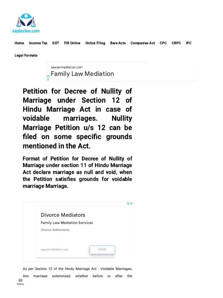 Petition For Decree of Nullity of Marriage Under Section 12 of Hindu ...
