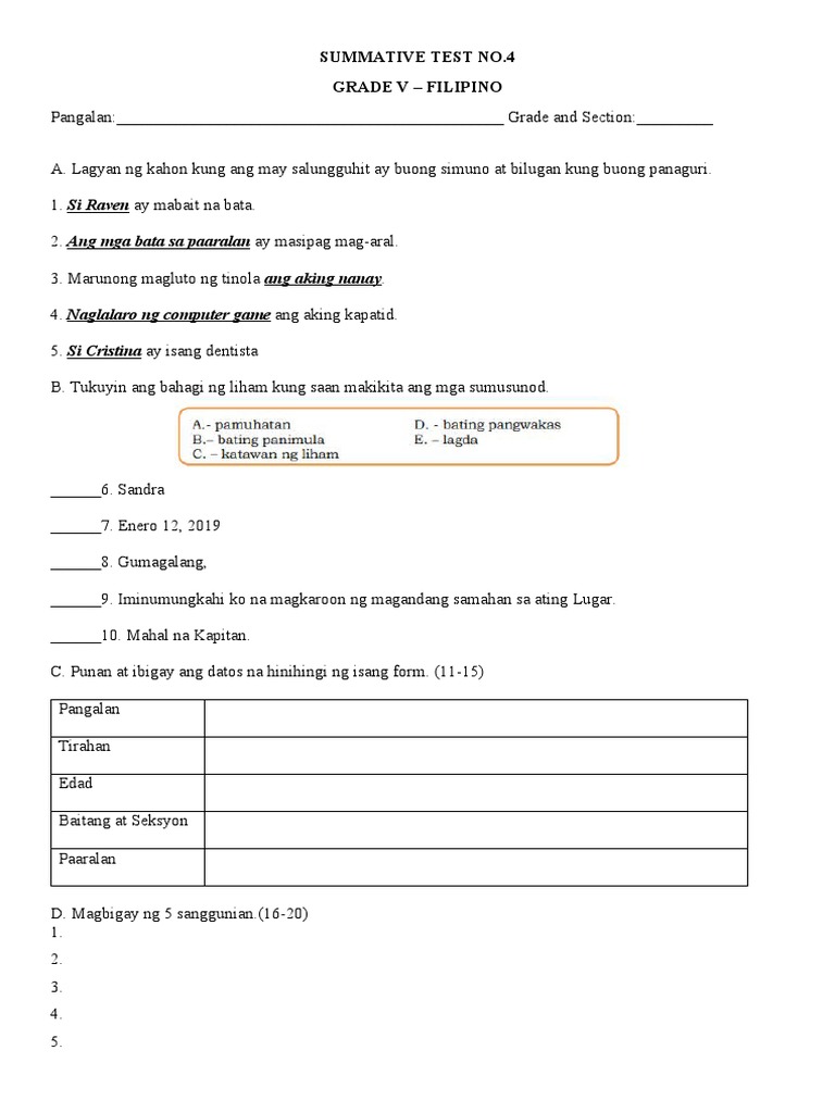 Filipino - G5 - Q3 - SumTest #4 | PDF