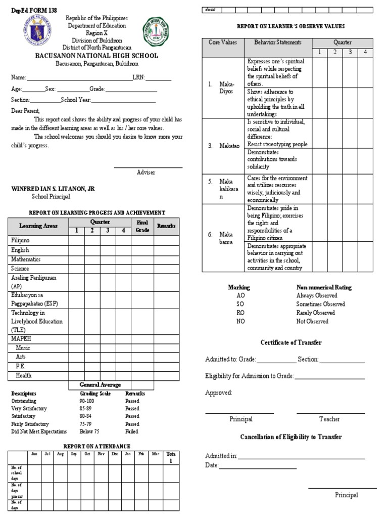 DepEd FORM 138 Port | PDF | Cognition