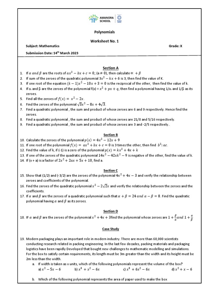 Class 10 Polynomial Worksheet | PDF | Zero Of A Function | Quadratic ...