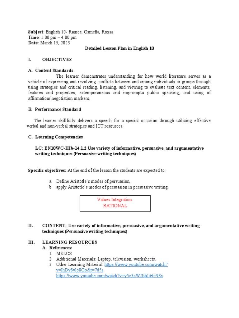 DLP Week 2 Day #3 Persuasive Writing (Aristotle's Modes of Persuation) | PDF