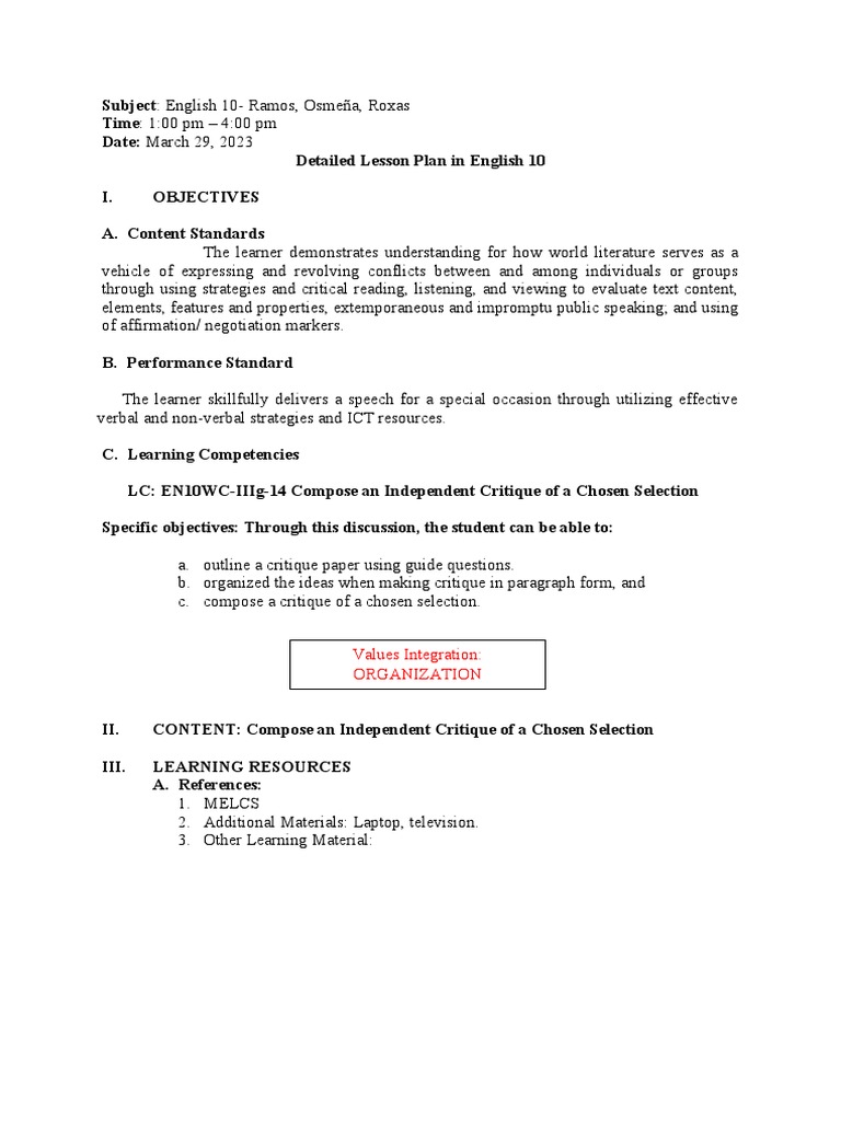 Critique Writing Lesson Plan for Grade 10 | PDF | Lesson Plan ...