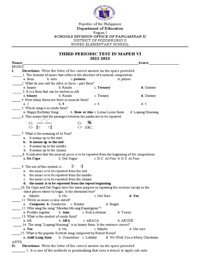 Mapeh 6 Periodic Test | PDF