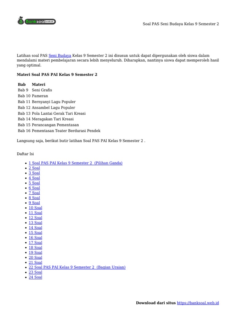 Soal PAS Seni Budaya Kelas 9 Semester 2 | PDF