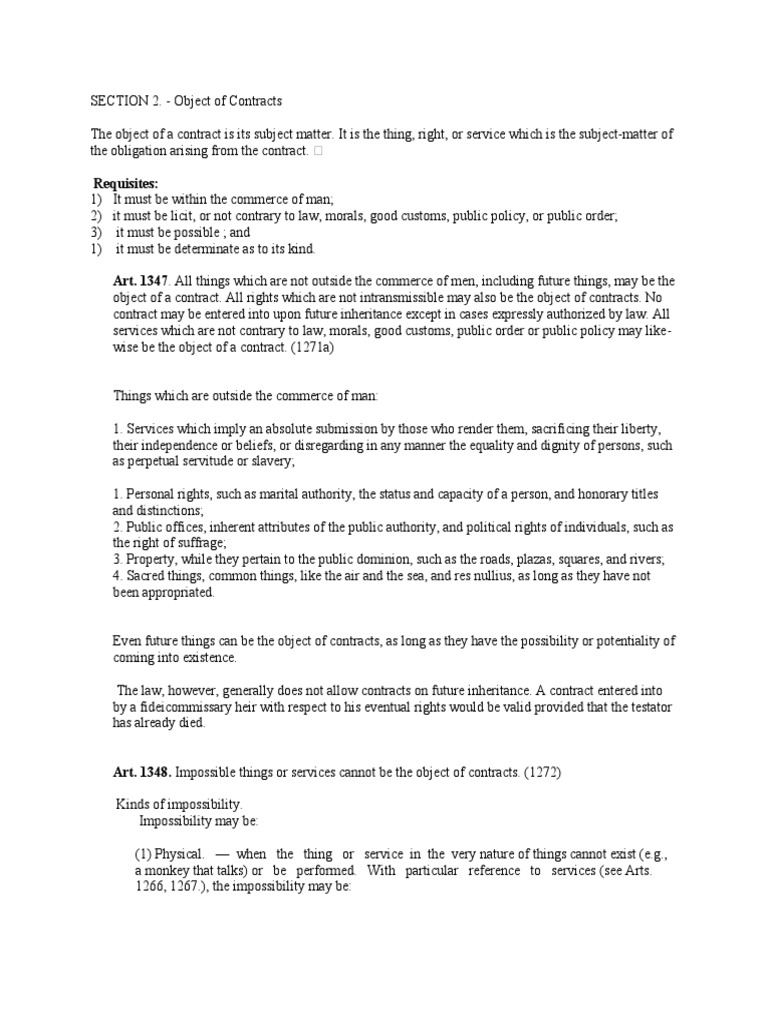 Art. 1347. All Things Which Are Not Outside The Commerce of Men, Including Future Things, May Be ...