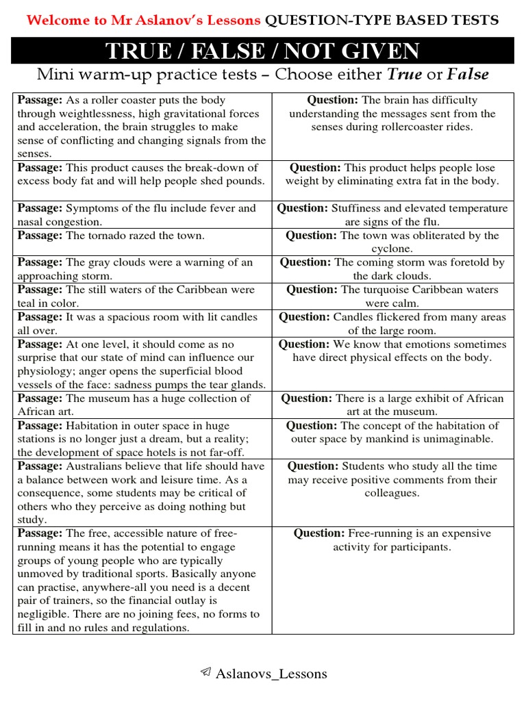 True / False / Not Given: Mini Warm-Up Practice Tests - Choose Either ...