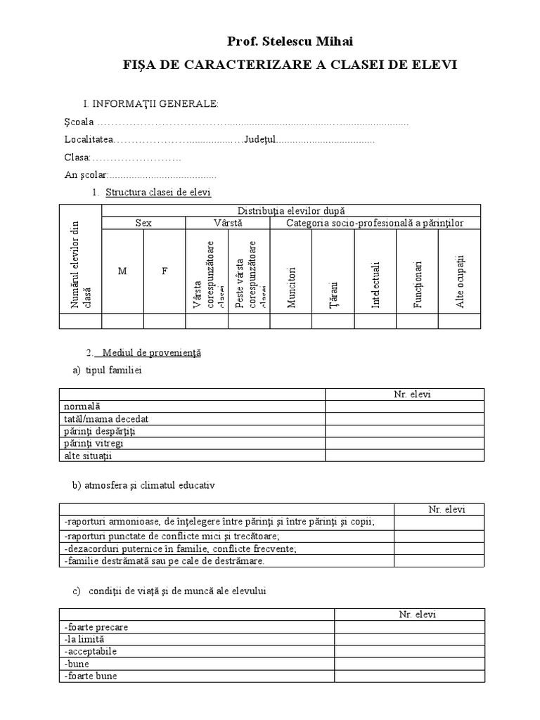 Fisa de Caracterizare A Clasei | PDF