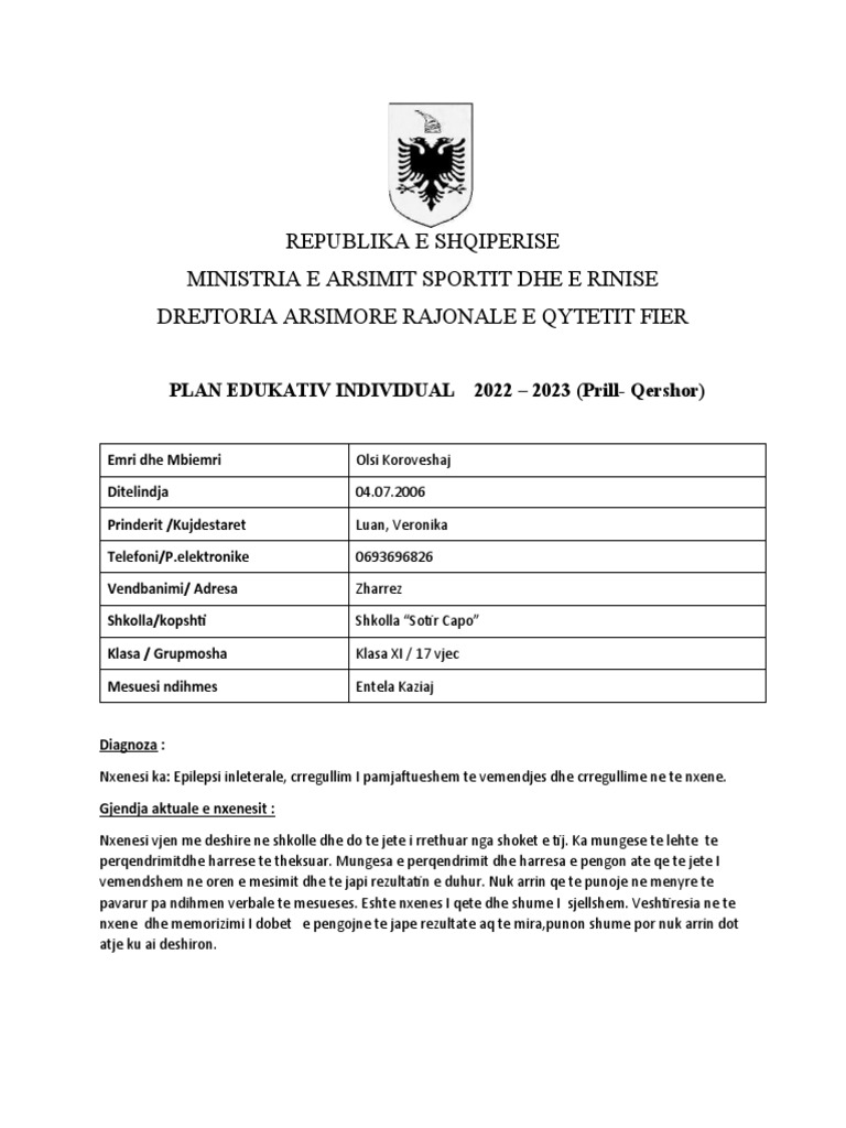 Republika E Shqiperise Ministria E Arsimit Sportit Dhe E Rinise ...