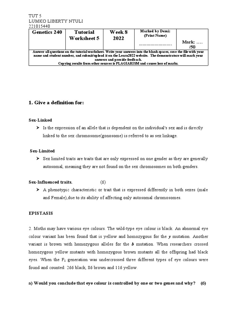 Ntuli Lumko 221015440 Gene 240 Tut 5 | PDF | Dominance (Genetics) | Zygosity